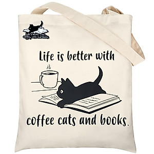 COZYMATE Gift for Women Cat Coffee Book Worm Canvas Tote Bag With Cute Brooch Pin Heavy Duty Cotton Shopping Bag for Weekend Overnight School Book (coffee book cat)