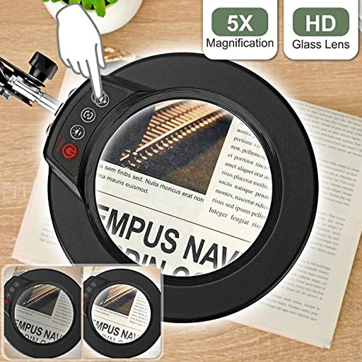 Krstlv 5X Magnifying Glass with Light and Clamp, Upgrade Button 5 Color Modes, Stepless Dimmable LED Lighted Desk Lamp, Hands Free Magnifier with Light and Stand for Craft Hobby Reading Close Work