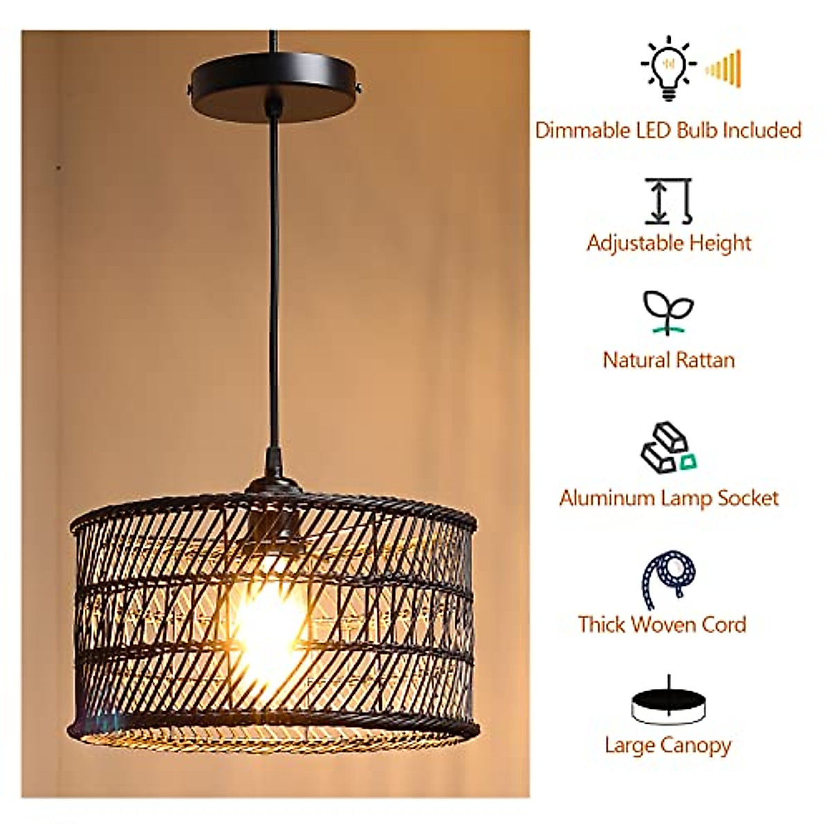 HOONEX Rattan Chandelier, Rattan Light Fixture Ceiling, 12.4" Wicker Pendant Light for Dining Room Bedroom Kitchen Island, Black