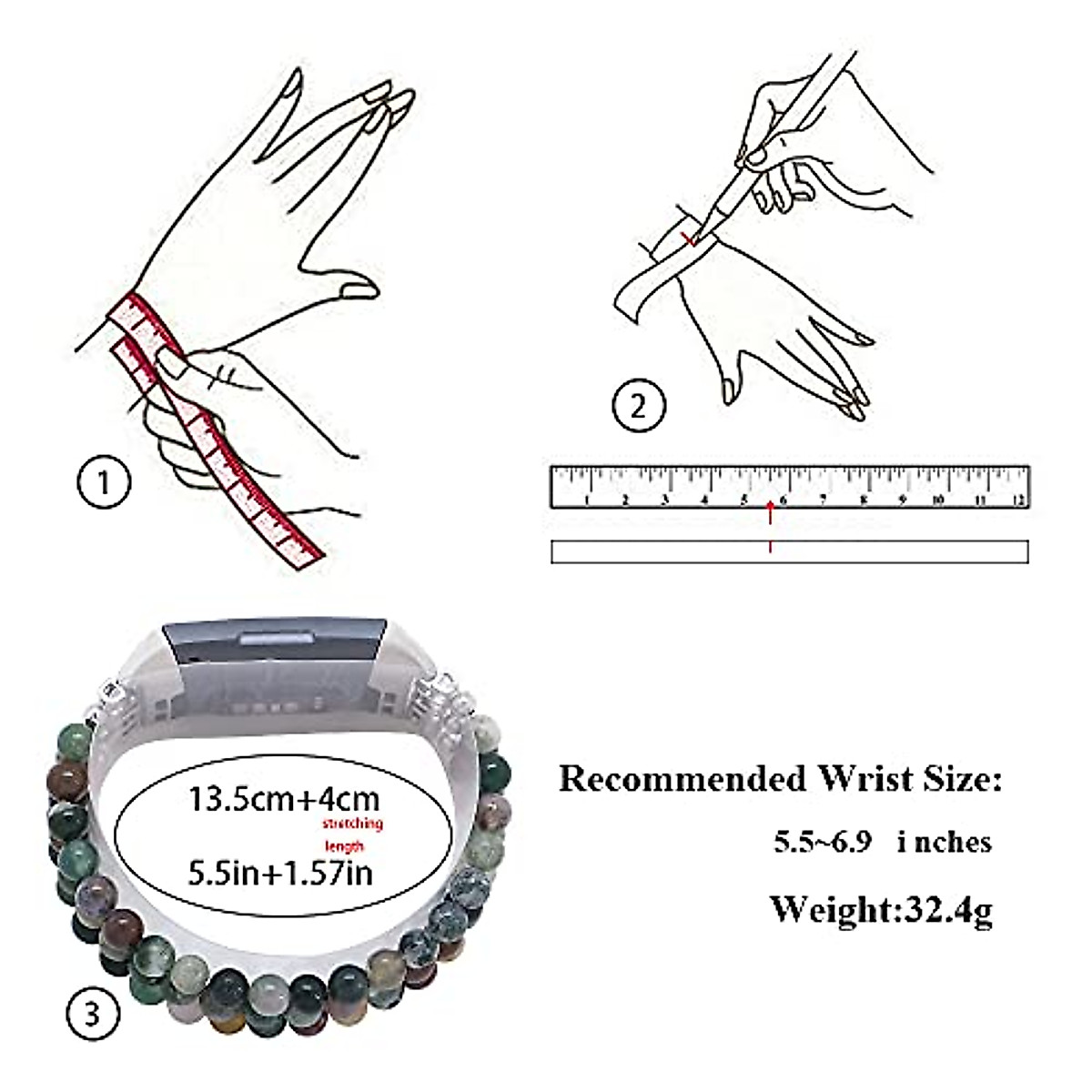 C&L Accessories Compatible with Fitbit Charge 3 Charge 4 Bands, Handmade Feminine Stretch Natural Stone Beaded Adjustable Bracelet Band for Women Girls (Indian Agate)