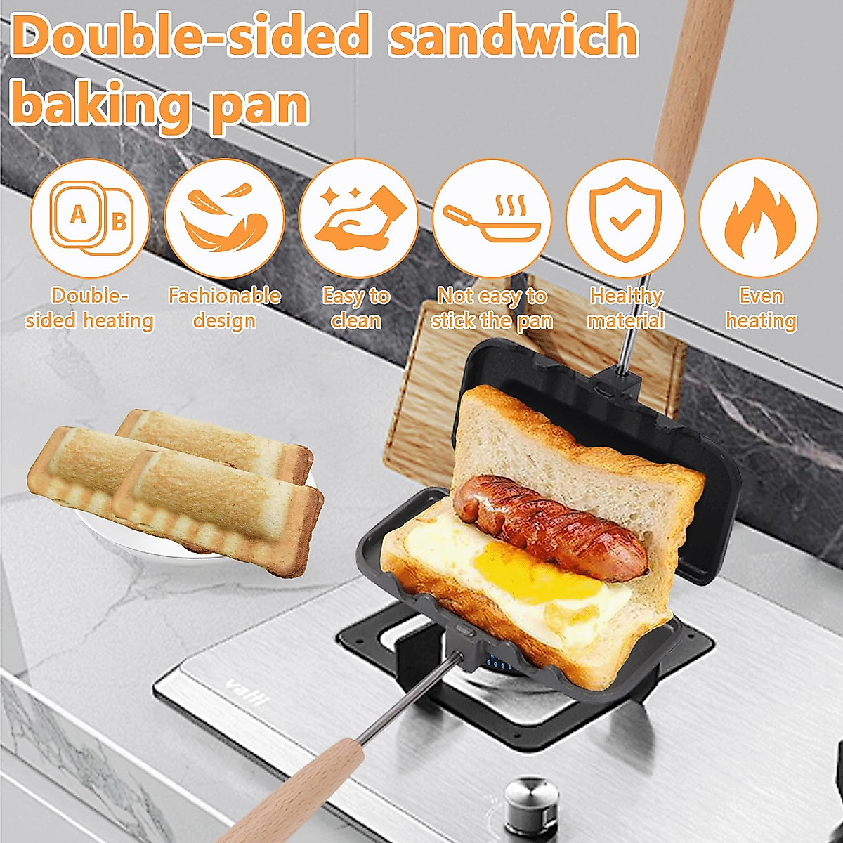 4w1h Sandwich Maker, Double-Sided Sandwich Baking Pan with Removable Handle, Non Stick Breakfast Sandwich Maker Grill Pan for Breakfast Pancakes, Omelets, Frittatas, Bread and Toast