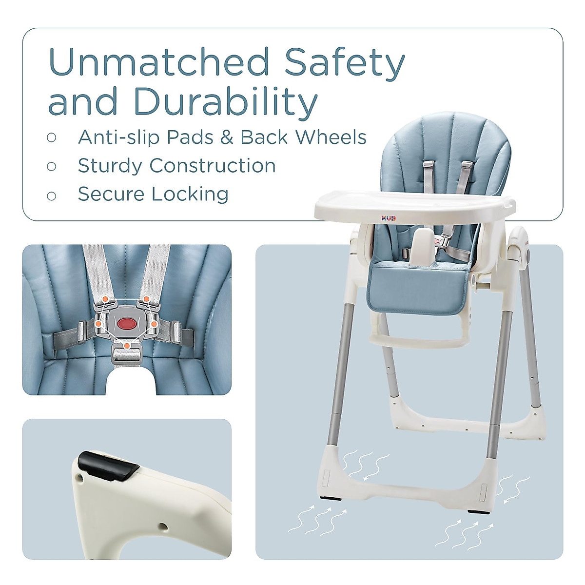 KÜB 3-in-1 Foldable Baby High Chair (Blue) | Multifunctional Infant HighChair for Babies & Toddlers | Removable Seat & Tray for Easy Clean | 7 Height & 4 Recline Adjustable | 2 Locking Wheels | Safe