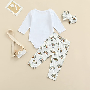 Newborn Baby Girl Rainbow Outfit Long Sleeve Romper Top + Rainbow Pants+ Headband 3Pcs Infant Fall Winter Clothes (White, 6-12 Months)