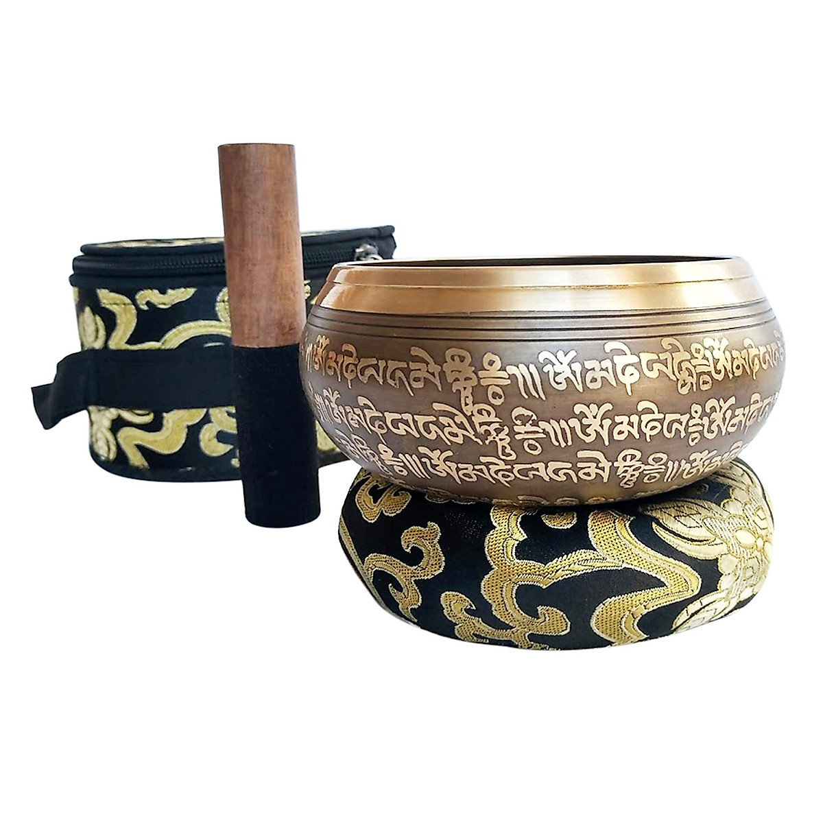 Tibetan Singing Bowl Set 4" ~ Bronze Mantra Design ~ With Carry Case, Dual Surface Mallet, Silk Cushion, and FREE Meditation e-book ~ Promotes Peace, Chakra Healing, and Mindfulness