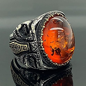 Mens Handmade Ring, Amber Stone Ring, Honey Amber Ottoman Mens Ring, Natural Stone, Men Ring, Gift for Him, 925k Sterling Silver Ring