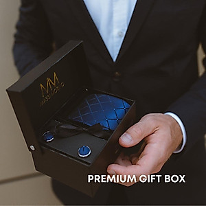 Massi Morino ® Mens Tie Set (Cufflinks and tie set) Box including Men ties + Cufflinks + handkerchief/bluetie tieblue blue azure royal sapphire teal turquoise ultramarine square shape