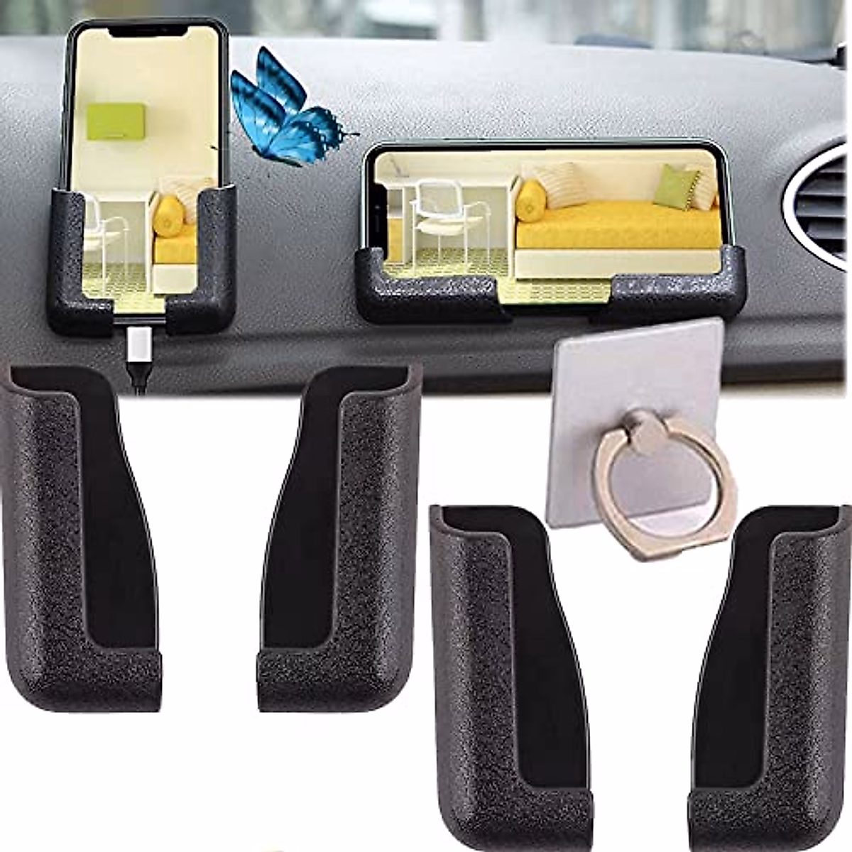 2022 Upgraded Multifunctional Mobile Phone Bracket, Self Adhesive Dashboard Mount Car Phone Holder, 2PairsAdjustable Width Car Sticky Navigation Mobile Phone Bracket + 1PCS Phone Ring Holder (Black)