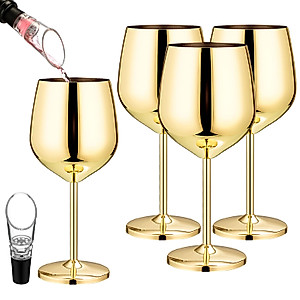 4 Pcs 18 oz Stainless Steel Wine Glass with 2 Wine Aerator Pourer Spout Stemmed Unbreakable Metal Wine Glasses Gold Goblet Champagne Glasses for Wedding Anniversary Party(Gold)