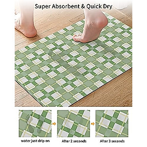 Ombre Green Plaid Bath Mat for Tub,Non Slip Bathroom Floor Runner Rug Quick Dry & Absorbent Diatomaceous Earth Kitchen Room Shower Sink Washable Doormat,Minimalistic Geometric Farmhouse Grid 18"x30"
