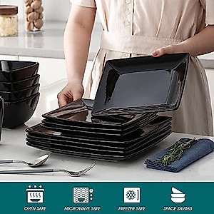 vancasso, Series SOHO, Stoneware Square Dinner Set Black 16 Piece Kitchen Dinnerware Service Plate Crockery Set with 16-Piece Dinner Plates, Dessert Plate,Bowls and Mugs, Service for 4