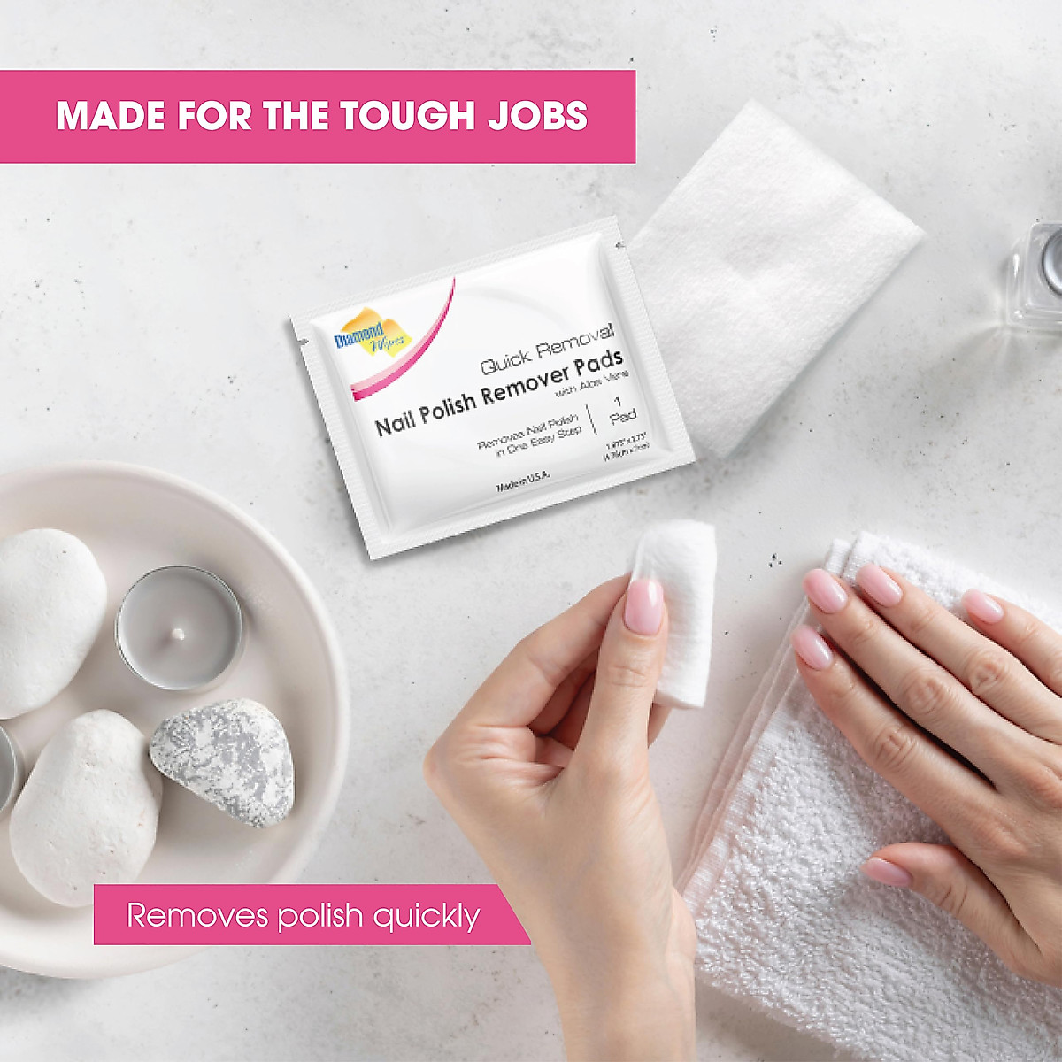 Diamond Wipes Nail Polish Remover Wipes with Aloe Vera, Acetone Nail Polish Remover Pads, 50 Individually Wrapped Nail Polish Wipes