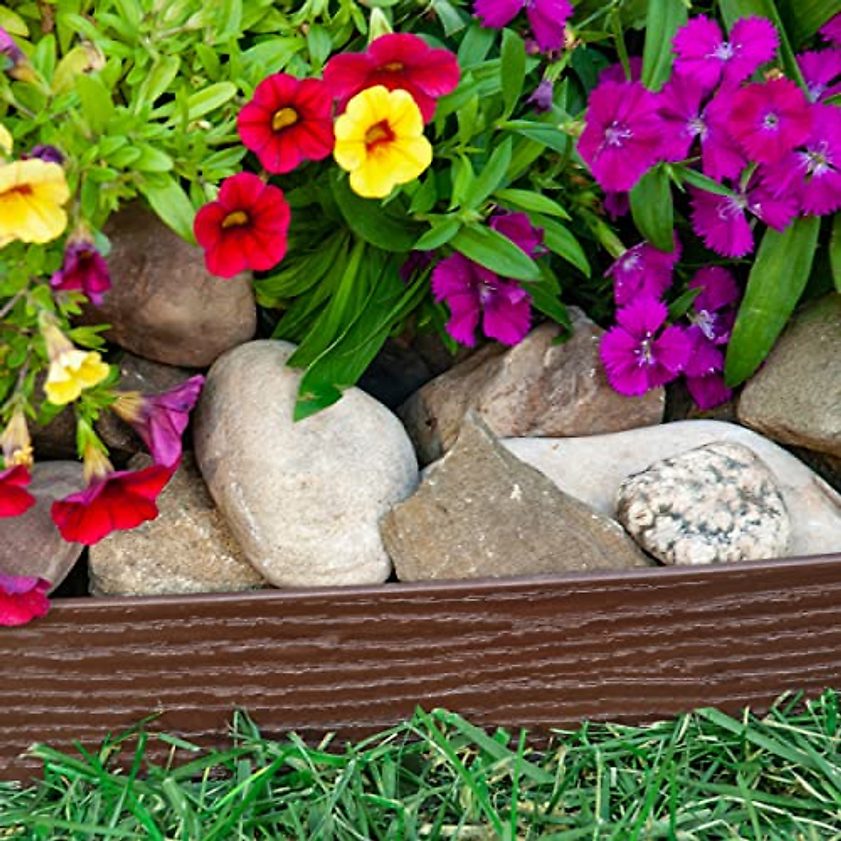 EasyFlex Tall Wall No-Dig Ladscape Edging with Anchoring Spikes, 2.5 in. Tall Straight Top Plastic Garden Border with Woodgrain Texture, 40 Foot Kit, Brown (3220BRE-40C)