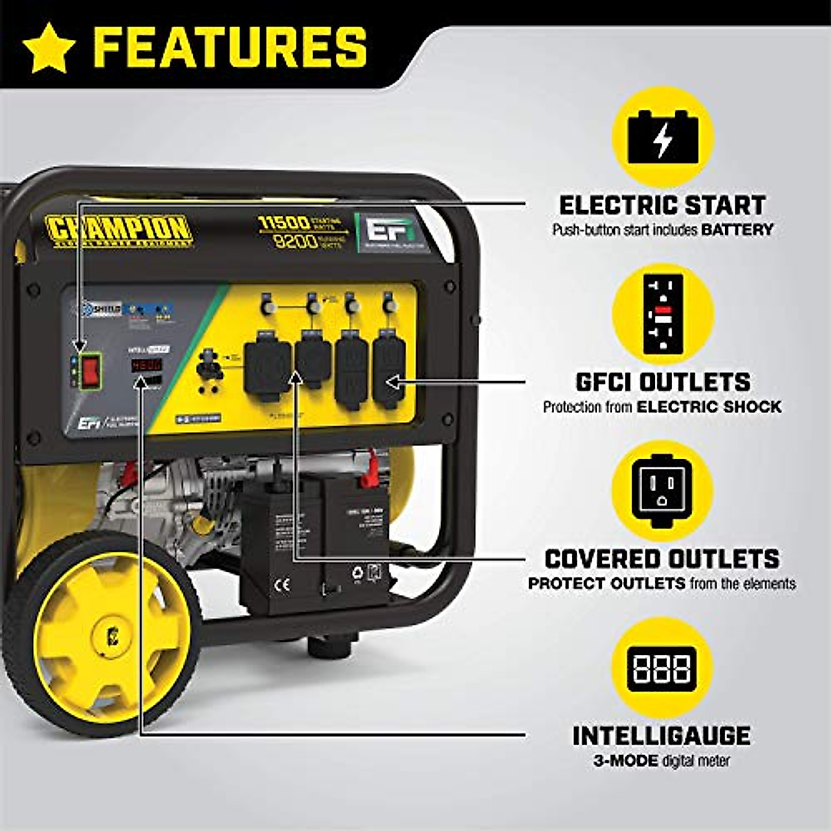 Champion Power Equipment 100485 PRO 11,500/9,200-Watt Portable Generator with Carburetor-Free Electronic Fuel Injection (EFI) Engine and CO Shield