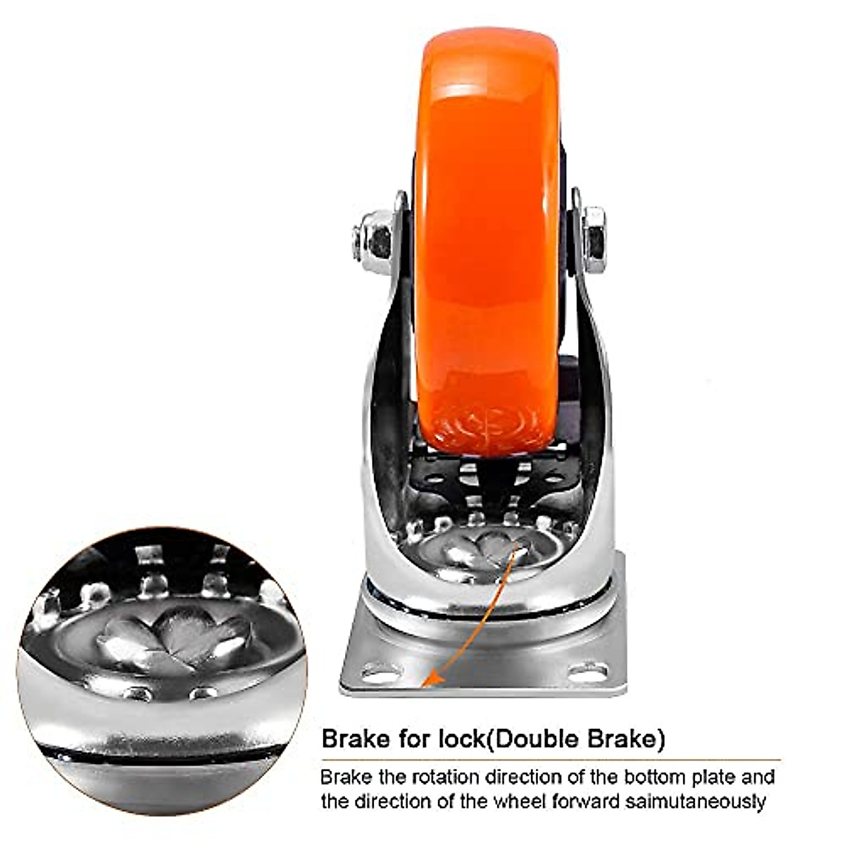 D&L 5 Inch Swivel Casters Wheels 1500lbs Heavy Duty Castors with Brake Polyurethane Dual Locking Casters Set of 4 Orange DL-I5-001