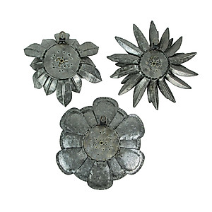 Zeckos Set of 3 Galvanized Metal Flower Wall Hanging Sculptures Home Decor Floral Art 10 Inches High - Nature Accents for Country or Farmhouse - Easy Install