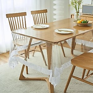 IBEQUEM PVC Clear Plastic Tablecloth Protector, Rectangle Waterproof Vinyl Clear Plastic Tablecloth with White Lace Edge, Transparent Table Cover for Dining Tables Kitchen Home (60x92 in)