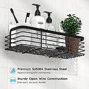 Tindbea Shower Caddy, Adhesive Shower Shelves with 6 Hooks, Bathroom Shower Organizer Racks No Drilling, Rustproof Stainless Steel Shower Storage Shelf for Inside Shower, 2 Pack, Matte Black