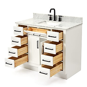 ARIEL Hepburn 43 Inch Single Sink Bathroom Vanity in White, Italian Carrara Marble Top, Solid Wood, Rectangular Sink, 2 Soft Closing Doors, 9 Full Extension Dovetail Drawers, Toe Kick