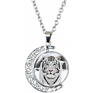 DEQIYIJI Tiger Gifts White Tiger Moon Pendant Necklace Jewelry For Women Tiger Lovers Stuff Silver