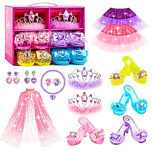 Jeowoqao Princess Dress up Shoes,Girls Dress up Shoes Princess Dress Up Pretend Play Set 4 Pair of Princess Shoes, Princess Dresses Princess Cape Jewelry Toys for Toddler Girls Age 3 4 5 6 Years Gift