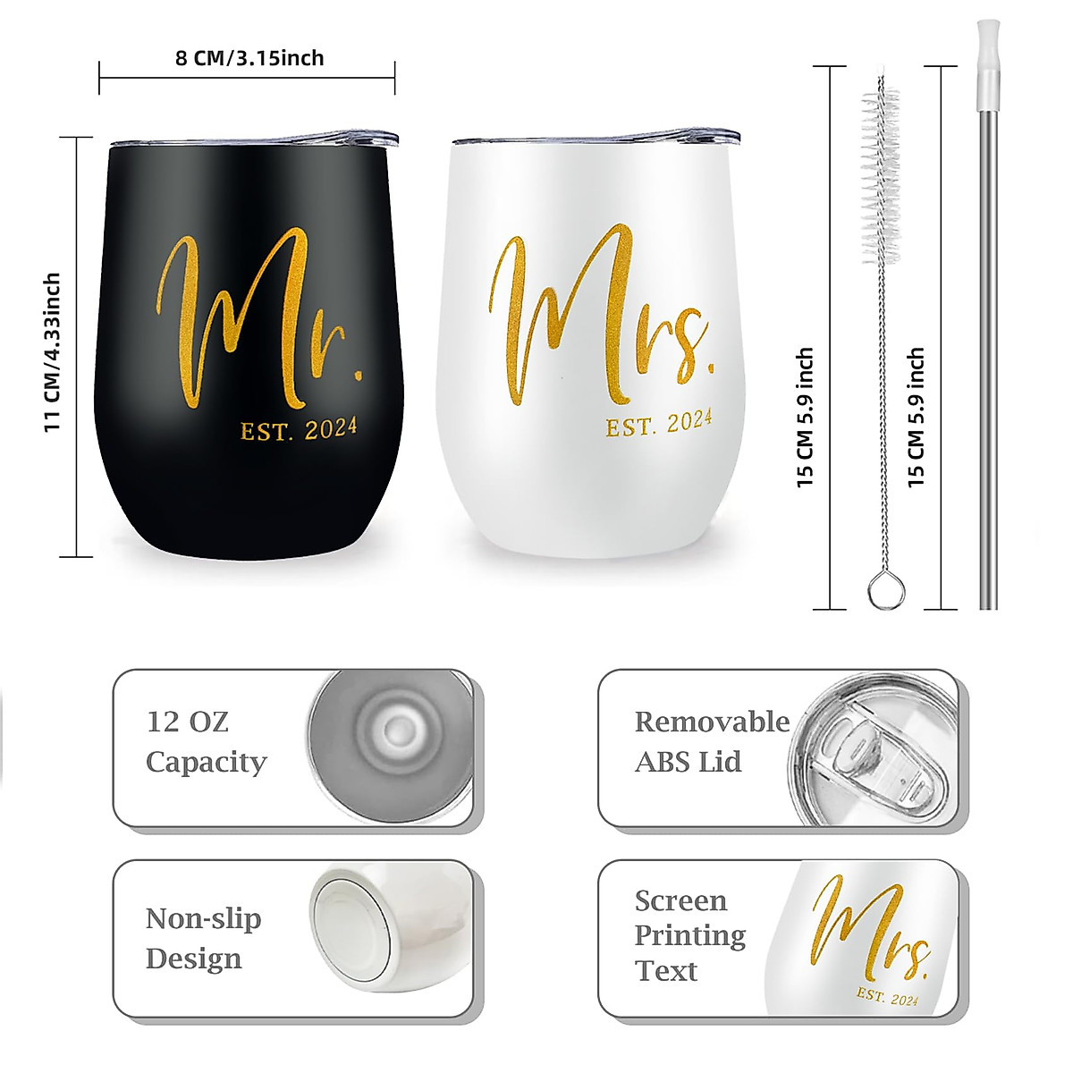 ELEGANTPARK Mr and Mrs Gifts Wedding Gifts for Couples 2024 Engagement Newlyweds Wedding Gifts for Bride and Groom Cups Stainless Steel Mr & Mrs Wine Tumbler with Lid and Straw 12 OZ