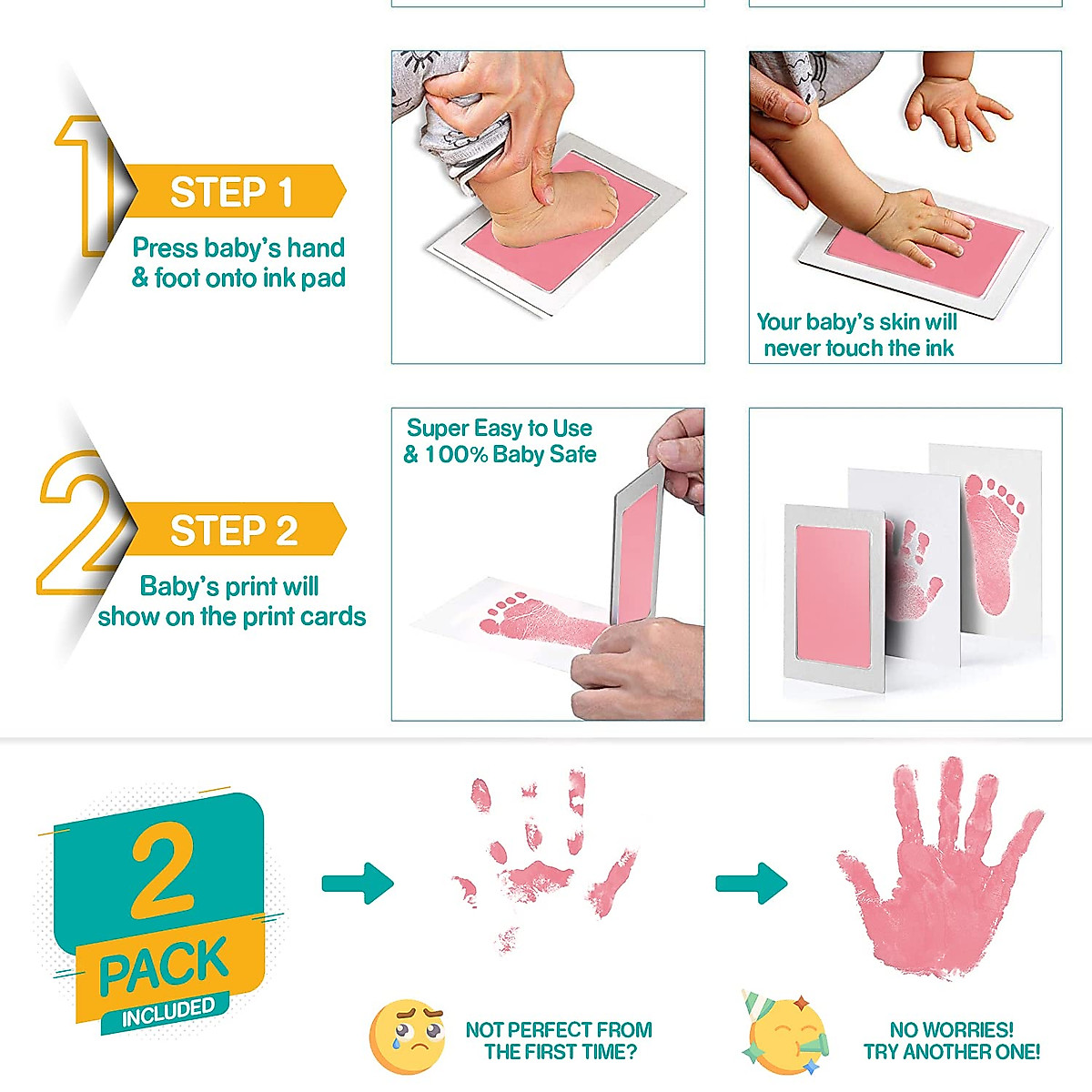 1Dino Premium Baby Handprint and Footprint Kit - 12.6” x 12.2" White/Grey Wood Picture Frame - Includes 2X Clean Touch Ink Pad Pink for Baby Hand and Footprints - Registry for Baby, Baby Shower Gifts