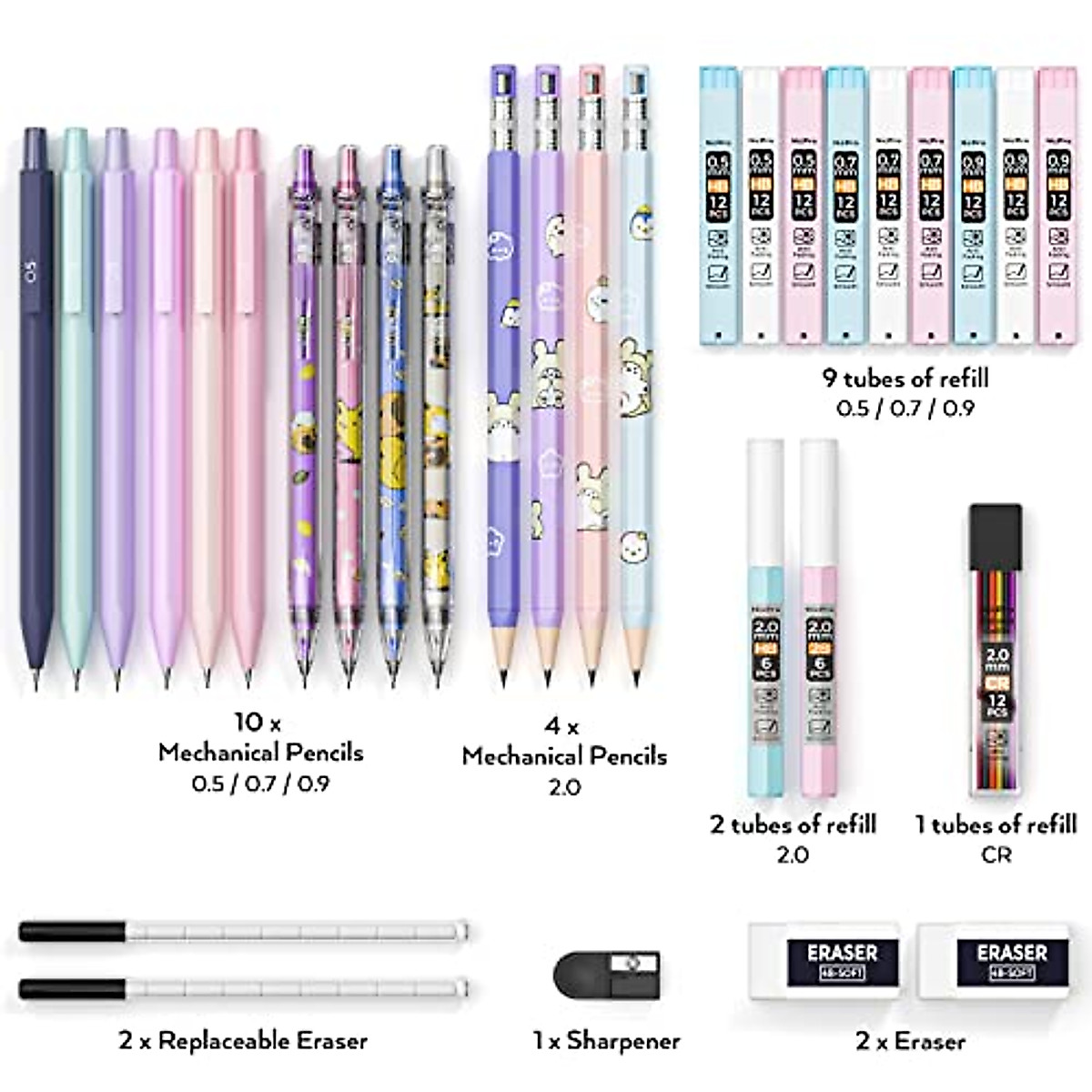 Nicpro 14 PCS Pastel Mechanical Pencil Set in Case, Cute Art Pencils Bulk 0.5 & 0.7 & 0.9 mm & 2mm Graphite Lead Holder, (2B HB Colors) Lead Refills, Erasers For School Drafting Sketching Drawing