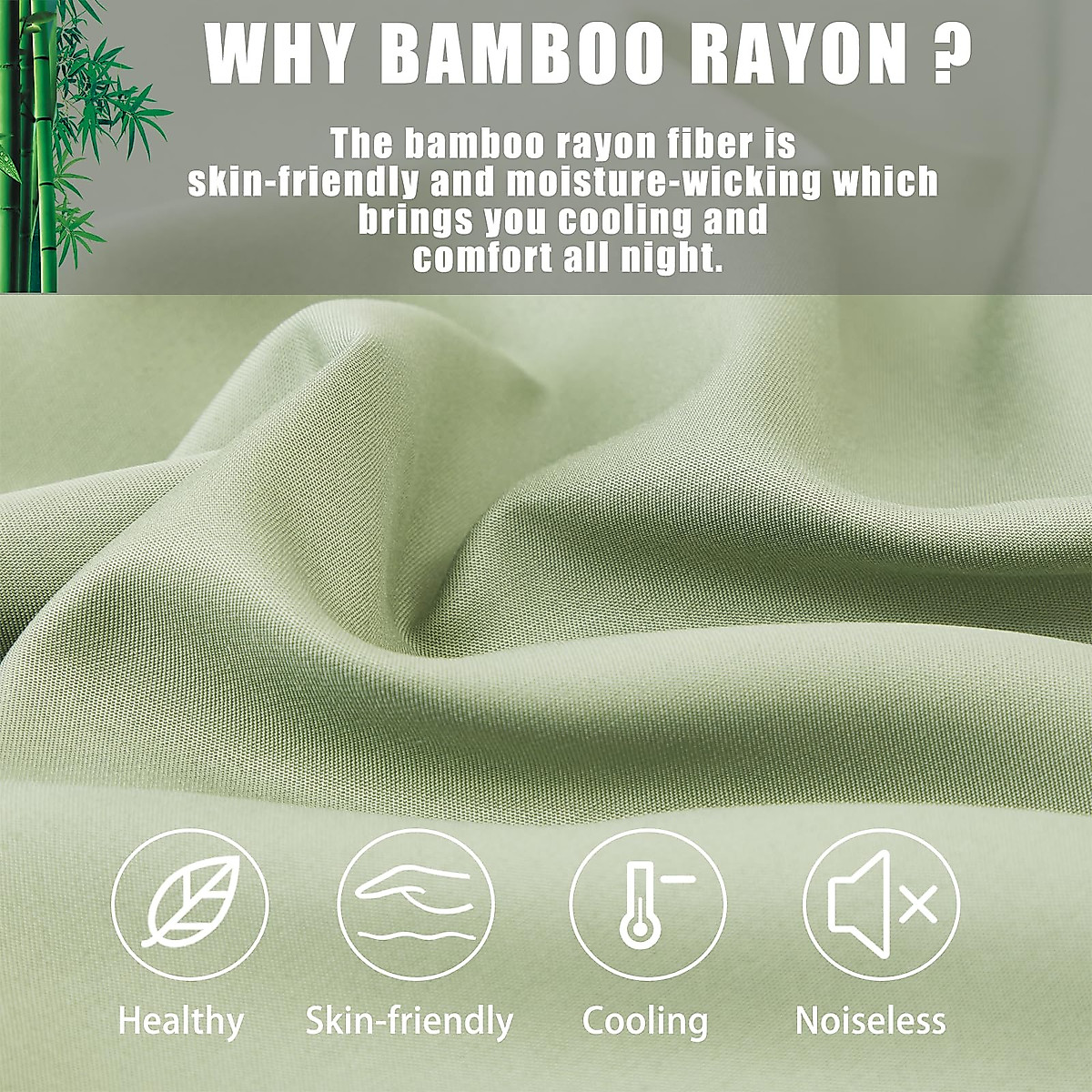 TELUS Green Pillow Cases Standard Size 2 Pack, Bamboo Rayon Cooling Pillowcases with Envelope Closure, Cool Breathable Pillow Cover for Hot Sleepers & Night Sweats, 20x26 inch