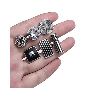 Ofeiyaa 6 Pairs Cufflinks Classic Striped Disc Square Spherical Knot CZ Rectangle Cylindrical Cufflinks Set for Men
