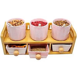 Stephanie Imports Set of 6 Tiered Marble Ceramic Condiment Spice Jars & Drawers With Spoons, Bamboo Lids and Rack (Pink)