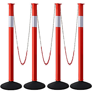 4 Pack Traffic Delineator Post Cones with Weighted Base & Reflective Collars, Adjustable Orange Traffic Safety Barrier with Plastic Chains for Parking Lot Driveway Road