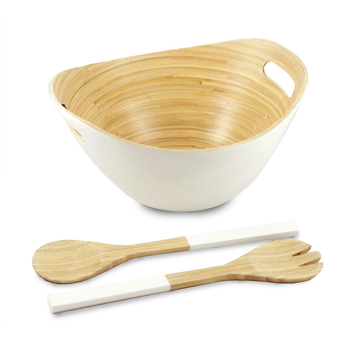 Purelite Modern Scandinavian Style Designer Salad and Fruit Bowl with Matching Salad Serving Set Made of Sustainable Bamboo | 12 inch