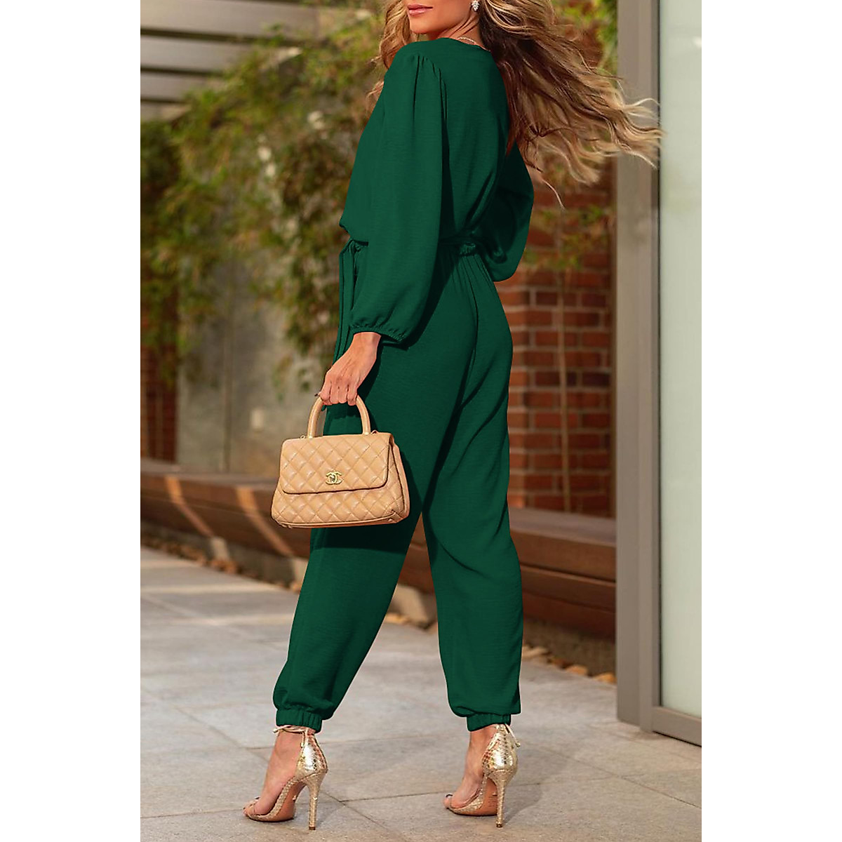 PRETTYGARDEN Women's 2024 Fall Jumpsuits Casual Dressy One Piece Outfits V Neck Long Sleeve Belt Pockets Long Pants Romper (Dark Green,Small)