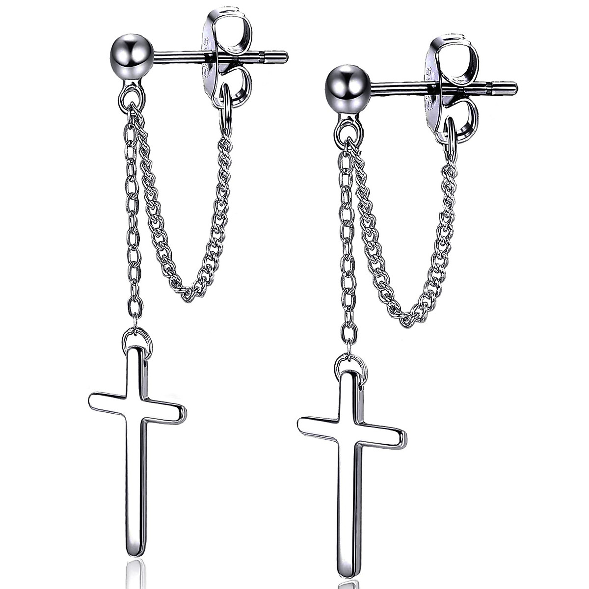 Cross Earrings Dangle Drop Chain Earring for Women Punk Goth Ball Dangling Chain Stud Earrings Silver