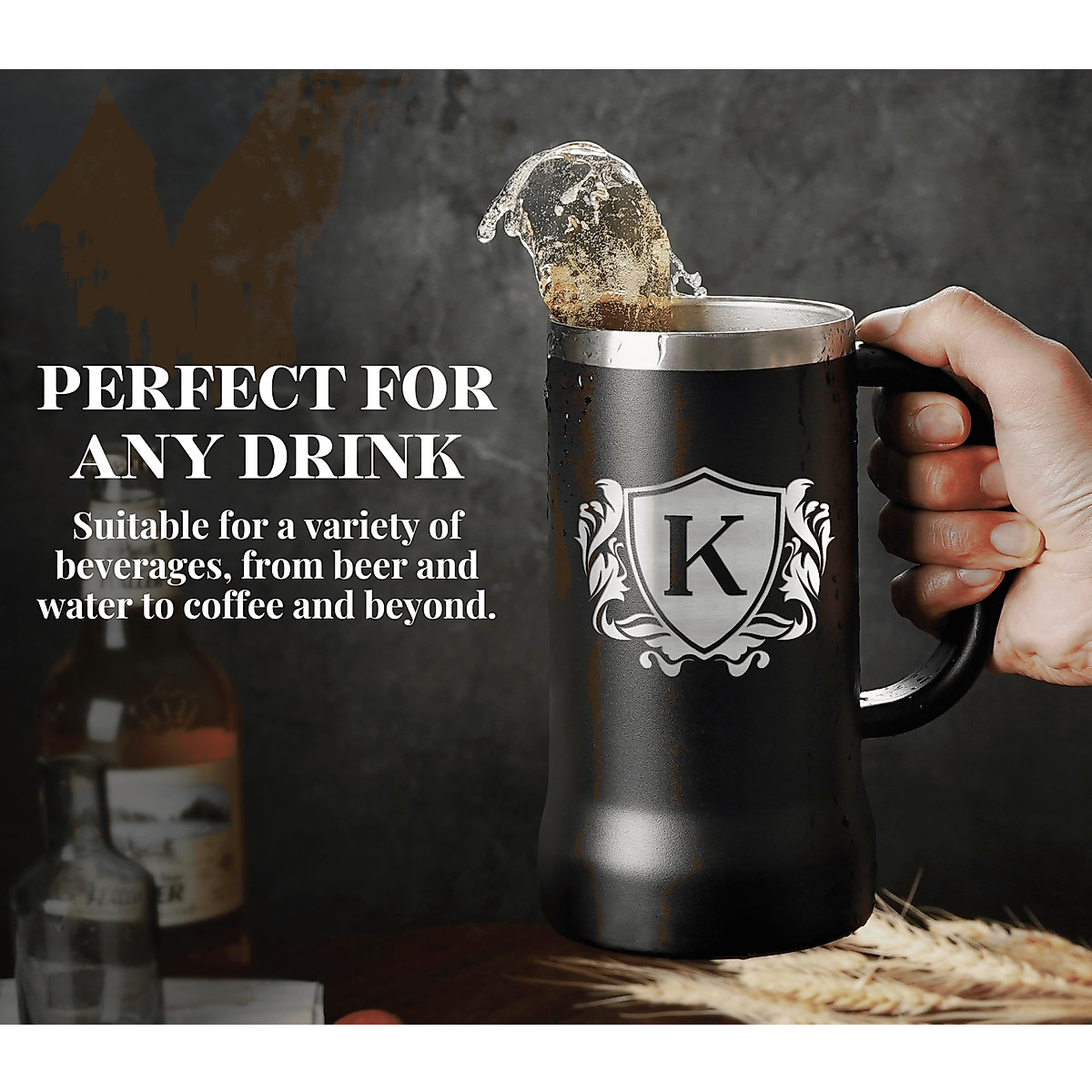 Onebttl Personalized Beer Stein, Beer Mug with Handle - Gifts for Beer Lovers, Men Who Have Everything on Birthday, Christmas - Customized Monogram 24 oz Double Wall Stainless Steel Cup, F