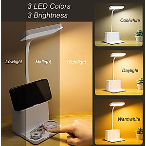 LED Desk Lamp with Pen & Phone holder, USB Rechargeable Book Reading Light,Eye-Caring Study Lamp for Kids, Touch Table Lamp with Flexible Gooseneck for Home,Office,3 Color Modes & Stepless Dimming