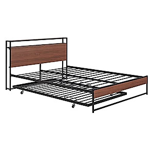 SOFTSEA Queen Size Metal Platform Bed Frame with Trundle, Metal Bed Frame with USB Ports, Queen Trundle Bed with Storage Headboard Metal Panel Bed with Shelf for Bedroom Guestroom, Black