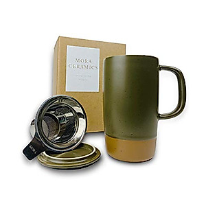 Mora Ceramics Large Tea Mug with Loose Leaf Infuser and Ceramic Lid, 18 oz, Portable, Microwave and Dishwasher Safe, Tall Coffee Cup - Rustic Matte Ceramic Glaze, Modern Herbal Tea Strainer, Olive