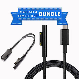 Sisyphy Male & Female USB C Charging Cable Bundle for Surface, 6ft Nylon Male Cable and 0.7ft Female Cable, Compatible for Microsoft Surface Pro7 Go2 Pro6 5/4/3 Surface Laptop1/2/3 & Surface Go