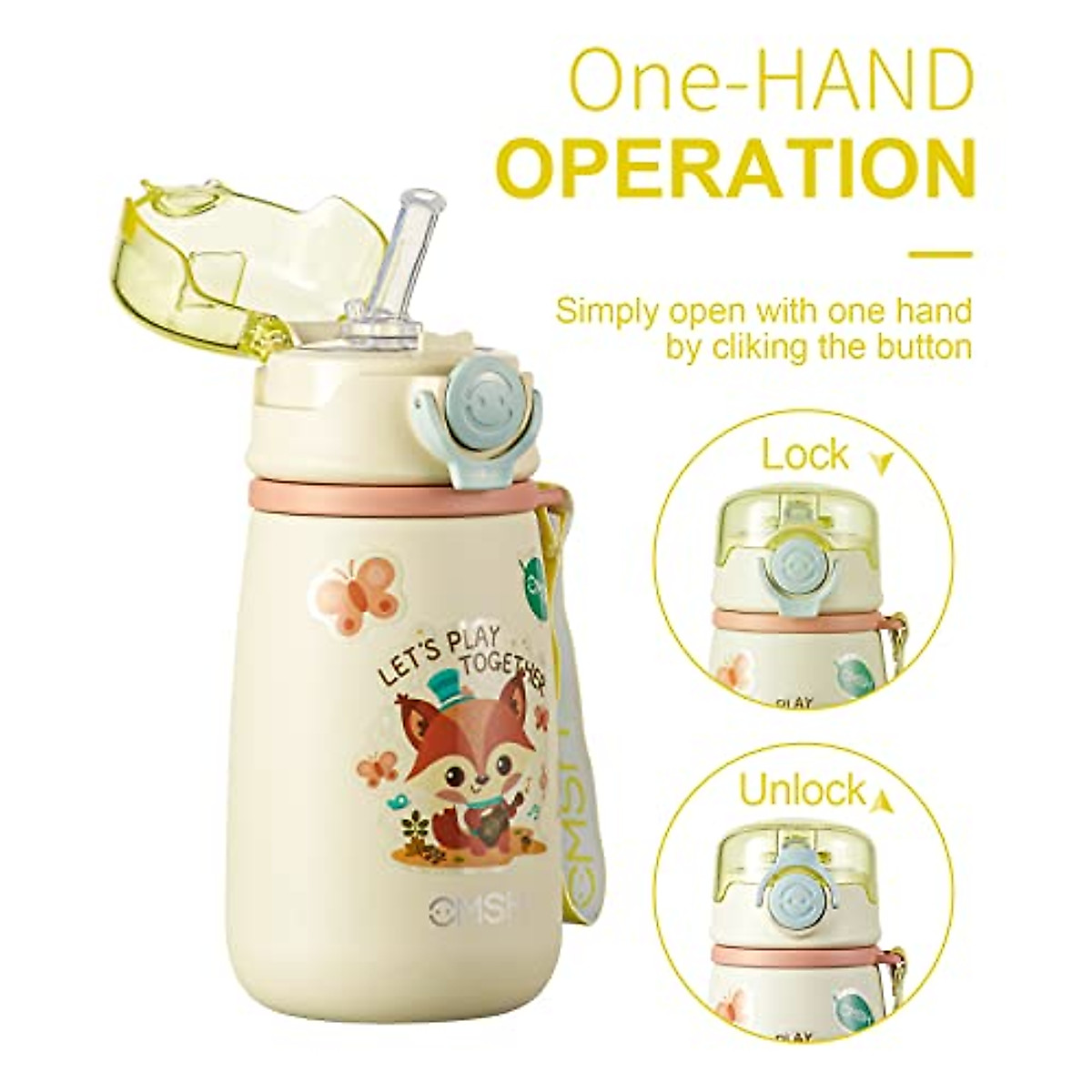 TKK Kids Insulated Water Bottle 16 oz Double Wall Vacuum Stainless Steel Thermos with Leak Proof Straw Lid & Strap Handle & Sticker (Yellow)