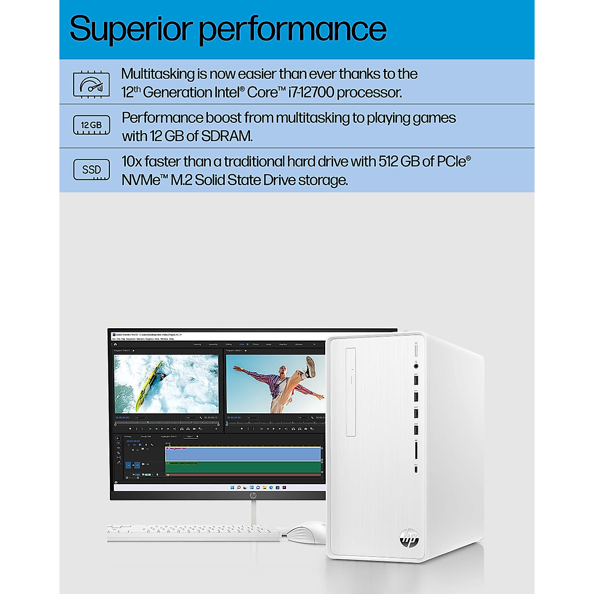 HP Pavilion Desktop PC, 12th Gen Intel Core i7-12700, 12 GB SDRAM, 512 GB SSD, Windows 11 Home, Wi-Fi 6 & Bluetooth, 9 USB Ports, Wired Keyboard & Mouse Combo, Pre-Built PC Tower (TP01-3070, 2022)