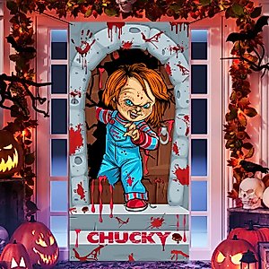 Halloween Decorations Horror Movie Character Chucky Door Cover Scary Halloween Front Door Banner for Halloween Home Decor Birthday Party Supplies