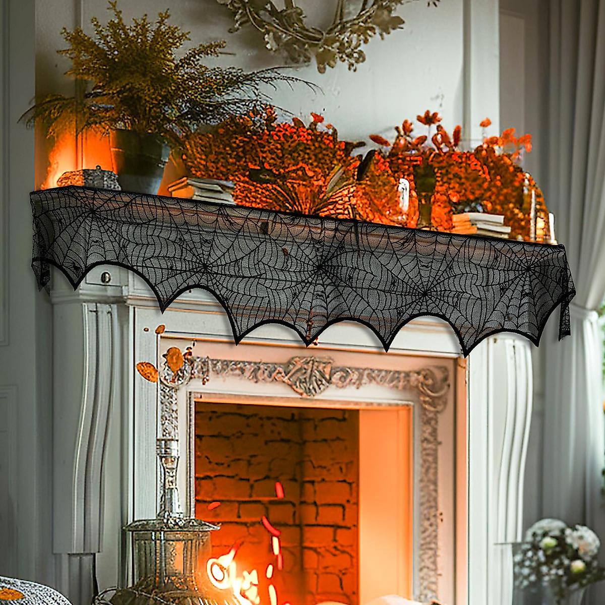 Bittesnew Halloween Decorations Spider Web Fireplace Cover, 18 x 96 inch Black Lace Cobweb Fireplace Mantle Scarf Cover, Halloween Decorations for inside, Door, Window and Festive Party Supplies Decor