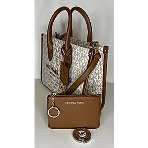 Michael Kors Mirella Small Shopper Top Zip Bag bundled SM TZ Coinpouch Purse Hook (Vanilla/Luggage)