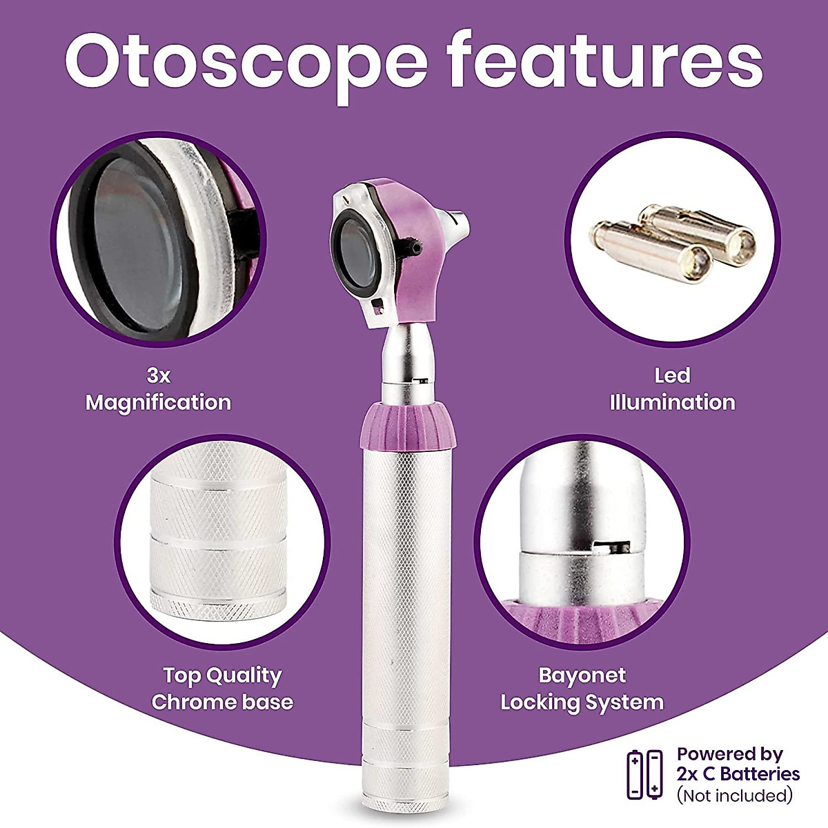 Zyrev Otoscope Oph Multi-Function Set - Otoscope/Opthalmoscope for Ear & Eye Examination - with Portable Carry Case, Sight Chart, Replacement Tips (Purple)