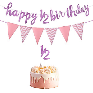 Happy 1/2 Birthday Banner Glitter Half Birthday 6 Months Happy Birthday Banner Happy Birthday Bunting Banner Birthday Party Decorations for Half Year Baby Shower, Pink