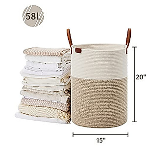 VIPOSCO Tall Laundry Basket, Large Dirty Clothes Hamper with Leather Handle, Woven Rope Storage Basket for Blanket, Toy In Living Room, Bathroom, Bedroom - 58L White & Brown