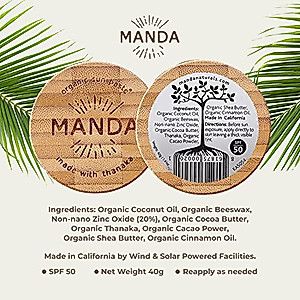 MANDA - Reef Safe Sunscreen - Made of Thanaka, Non-Nano Zinc Oxide & Organic Ingredients - SPF 50 - Travel Size, Waterproof Sunscreen Paste - Applies Thick - 40g