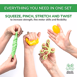 Healthy Seniors Physical Therapy Putty Kit, Finger Exercisers, and Hand Strengtheners. Improves Grip Strength, Dexterity, and Mobility. Supports Injury and Recovery Stress Relief