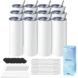 Hiipoo 12 Pack Sublimation Tumblers Blank 20 oz Straight Skinny with Sublimation Papers, Lids and Straws, Shrink Wrap Films, Stainless Steel Double Wall Insulated Tumbler for Mug Press Machine